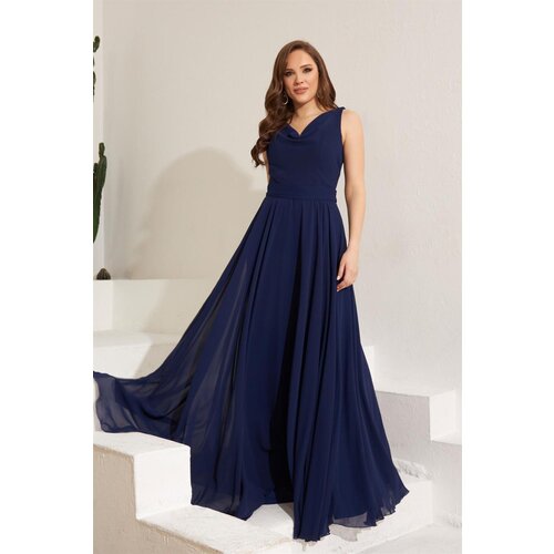 Carmen Navy Blue Chiffon Off-Neck Long Evening Dress and Invitation ...