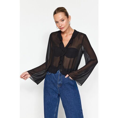 Trendyol Black Woven Sheer Ruffle Blouse | ePonuda.com