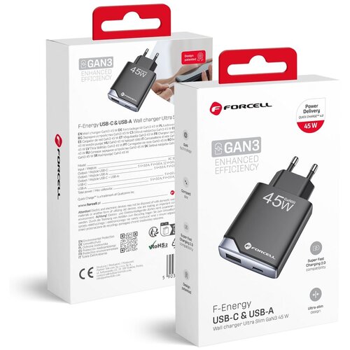Punjac za telefon Forcell F-Energy Ultra Slim GaN III USB C + USB A PD ...