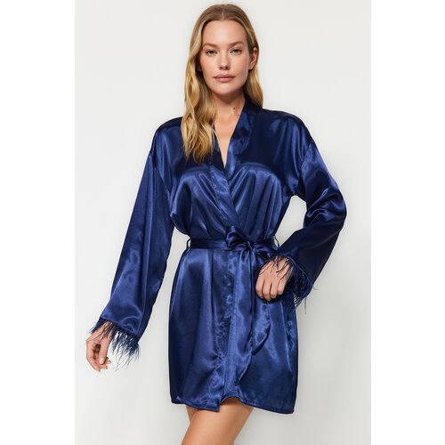 Trendyol Navy Blue Satin Negligee Dressing Gown with Otrish Detail ...