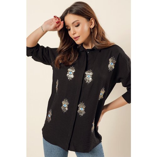 By Saygı Eye Pattern Oversized Crepe Linen Shirt With Sequin Embroidery ...