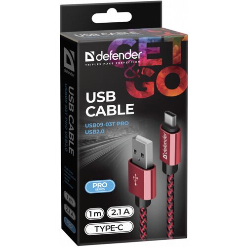 Defender USB type-c kabl USB08-03T USB 20.0 red 1m 2.1A | ePonuda.com