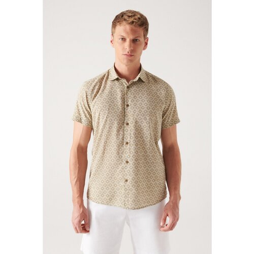 Avva Men's Khaki Geometric Printed Short Sleeve Cotton Shirt | ePonuda.com